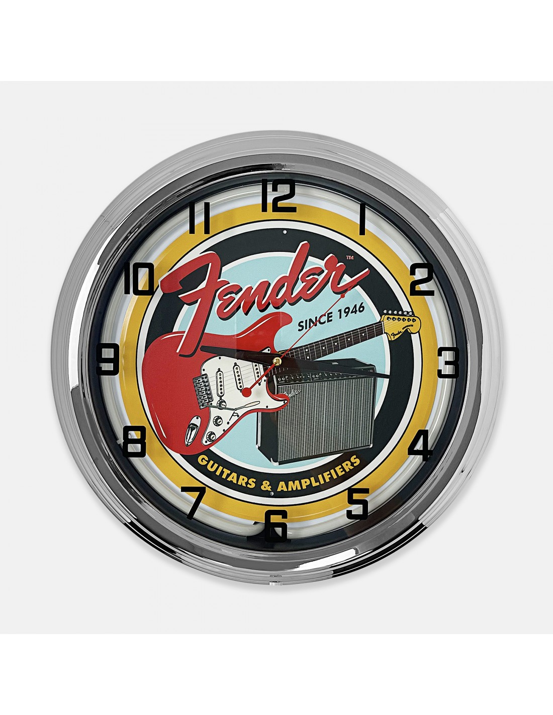 18" Fender Guitars & Amplifiers Metal Sign Designed White Neon Clock