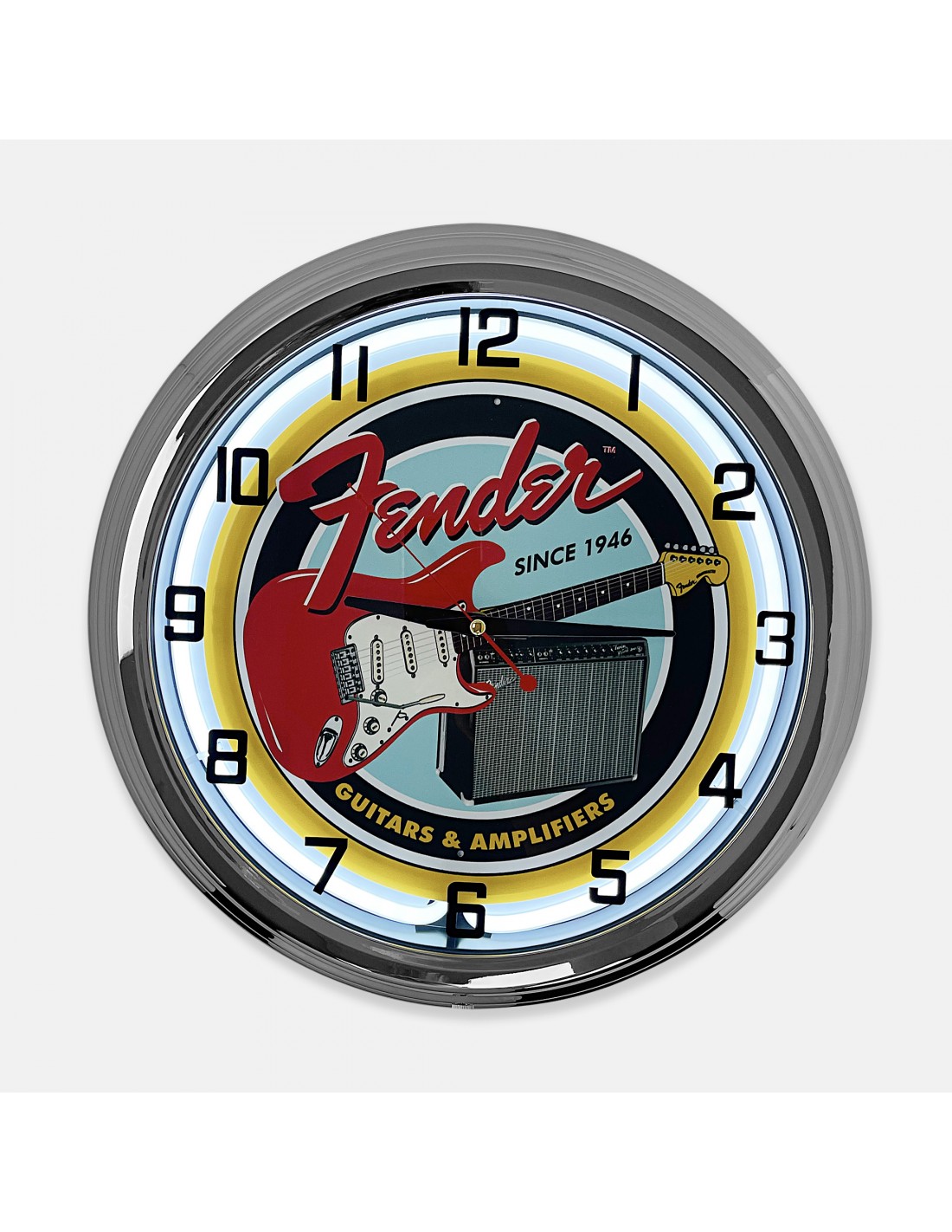 18" Fender Guitars & Amplifiers Metal Sign Designed White Neon Clock